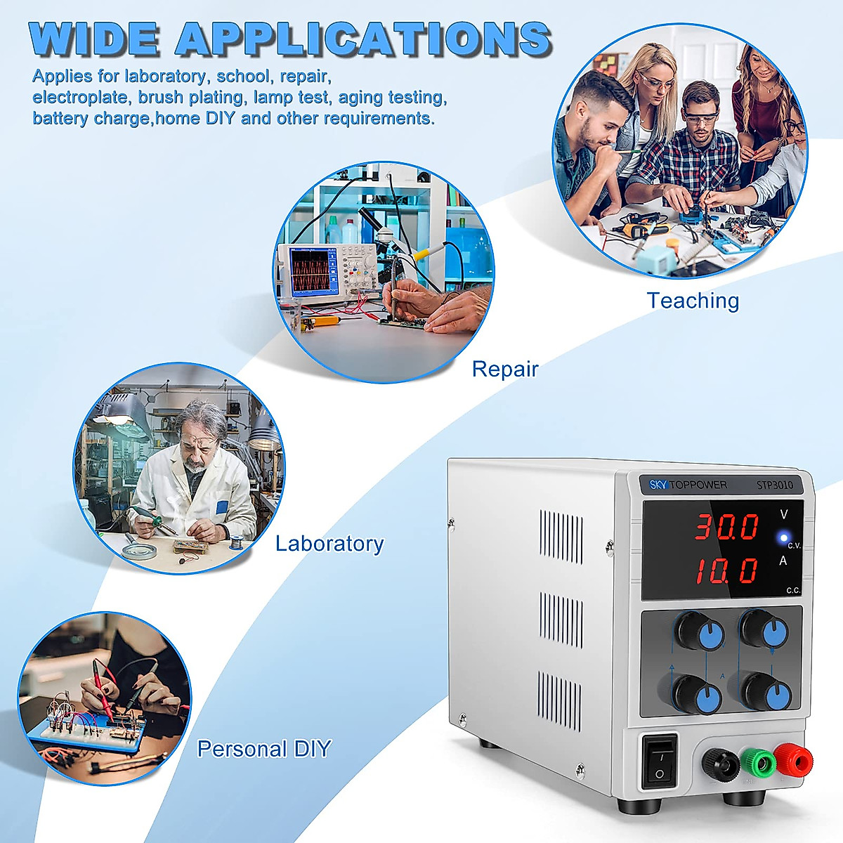 DC Power Supply Variable,30V 10A Bench Power Supply Electroforming,Adjustable Regulated Power with 3 Digit Display for Laboratory,Test Faulty Motor,Mobile Phone Repair,DIY,SKY TOPPOWER STP3010