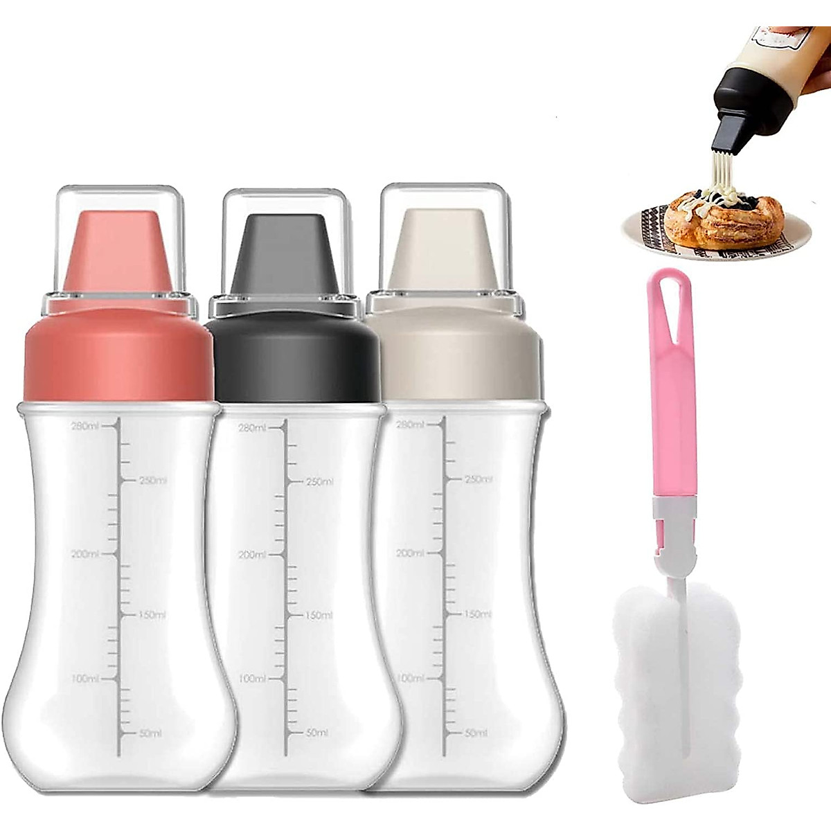 CASSAM 5 Hole Condiment Squeeze Bottle with Cleaning Brush 3-Pack Multicolor Bundle