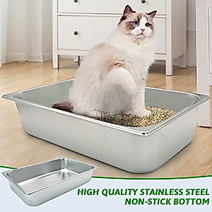 Fhiny Stainless Steel Litter Box for Cat, Large Size With High Sides and Non Slip Rubber Feet Cat Toilet Non Stick Smooth Surface Litter Pan Never Absorbs Odors Stains or Rusts Durable Kitten Supplies