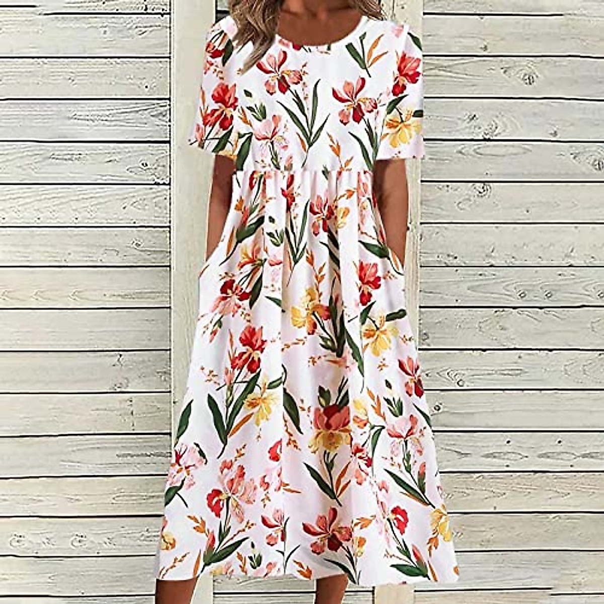 SMIDOW Dresses for Women 2023 Casual Maxi Long Beach Tshirt Sundress Short Sleeve Summer Boho Floral Flowy Dress with Pockets