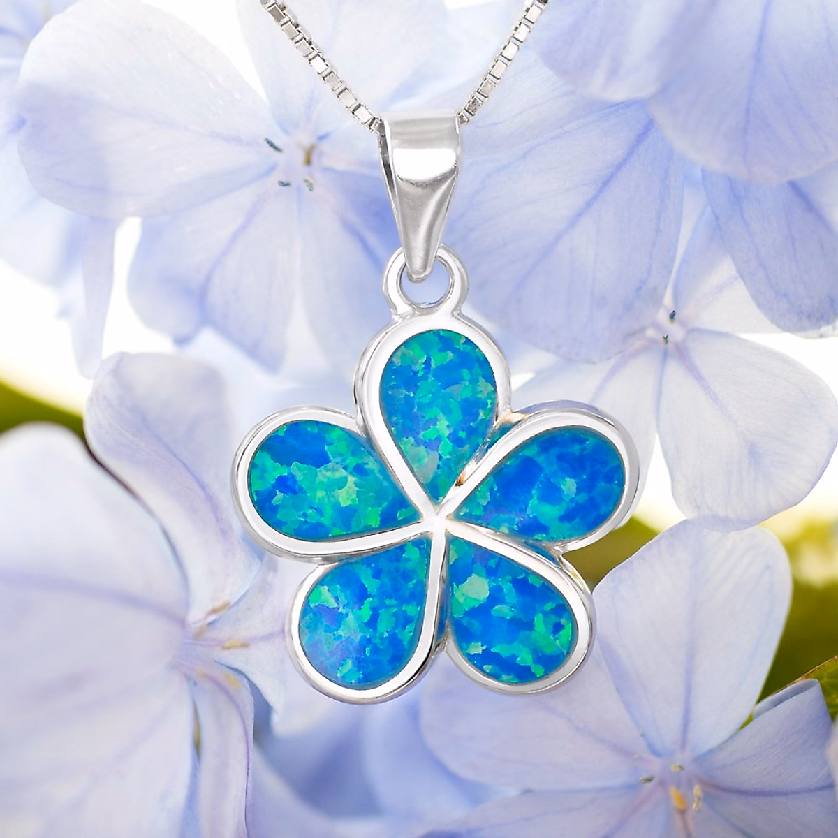 Honolulu Jewelry Company Sterling Silver Plumeria Flower Necklace Pendant with Simulated Blue Opal (19mm)