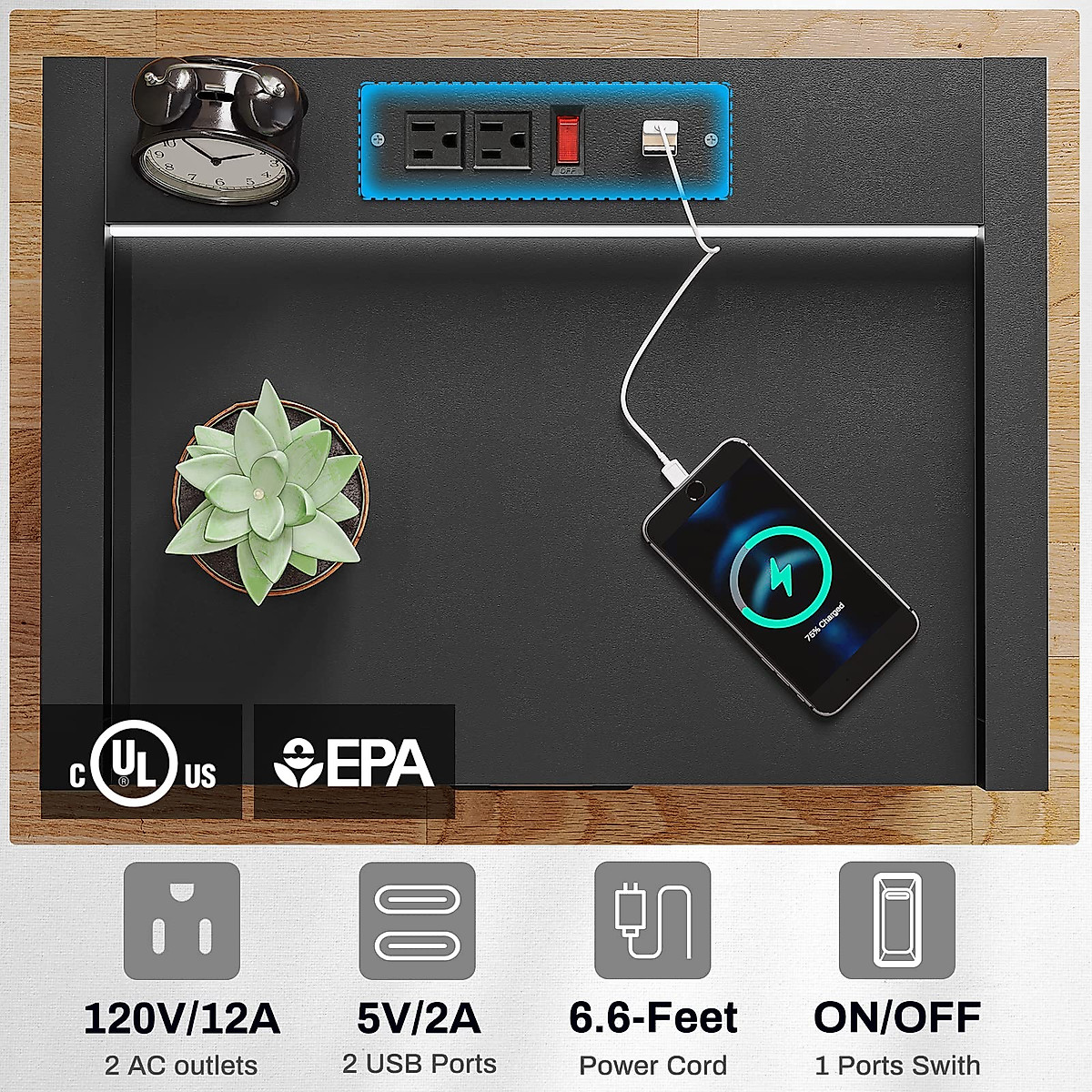 EPHEX LED Nightstand with Charging Station, Nightstand with 3 Drawers, End Side Table with USB Ports and Outlets, Modern Bedside Table for Bedroom, Black, NSL03