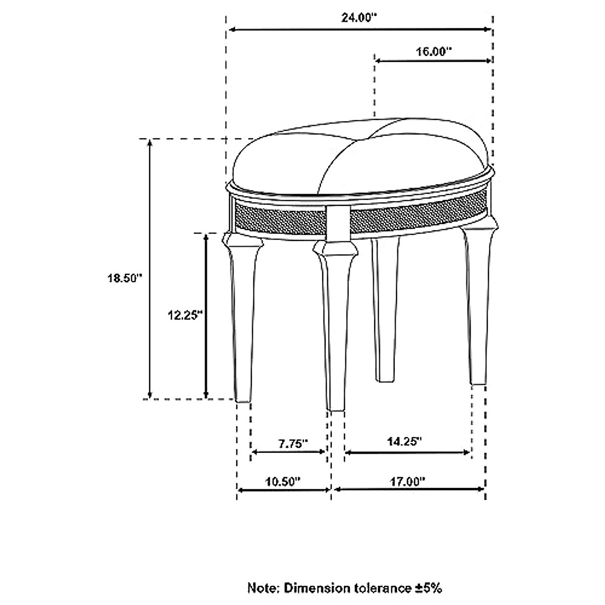 Coaster Home Furnishings Evangeline Oval Vanity Stool with Faux Diamond Trim Silver and Ivory