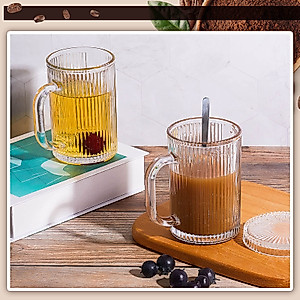 Suclain 4 Pieces Glass Coffee Mugs Clear Vertical Stripes Tea Mug with Lid and Spoon Ribbed Glasses for Espresso Milk Chocolate Latte Juice Anniversary and Birthday, 11.8 oz