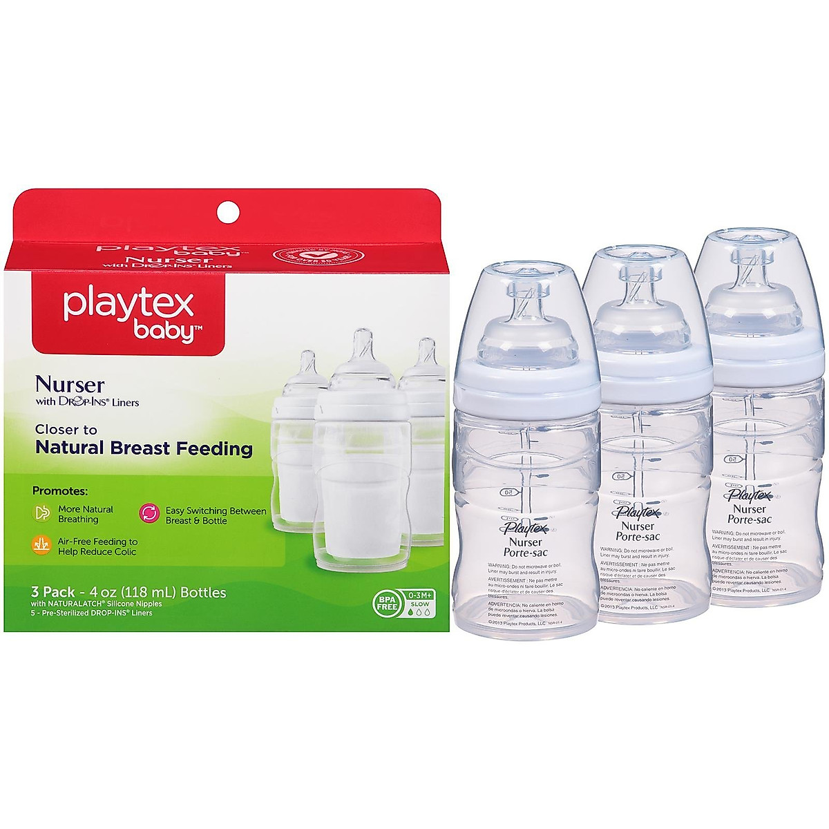 Playtex Baby Nurser Bottle with Disposable Drop-Ins Liners, for Breastfed Babies, 4 Ounce Bottles, 3 Count