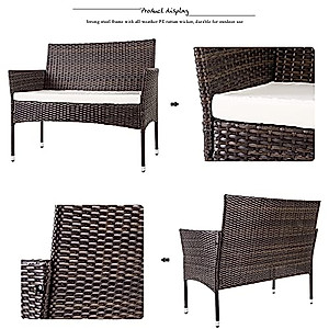 SAWQF 4Pcs Outdoor Garden Patio Furniture Set Rattan Include 1 2-Seat Sofa+2 Arm Chairs+1 Tea Table Brown w/White Cushion