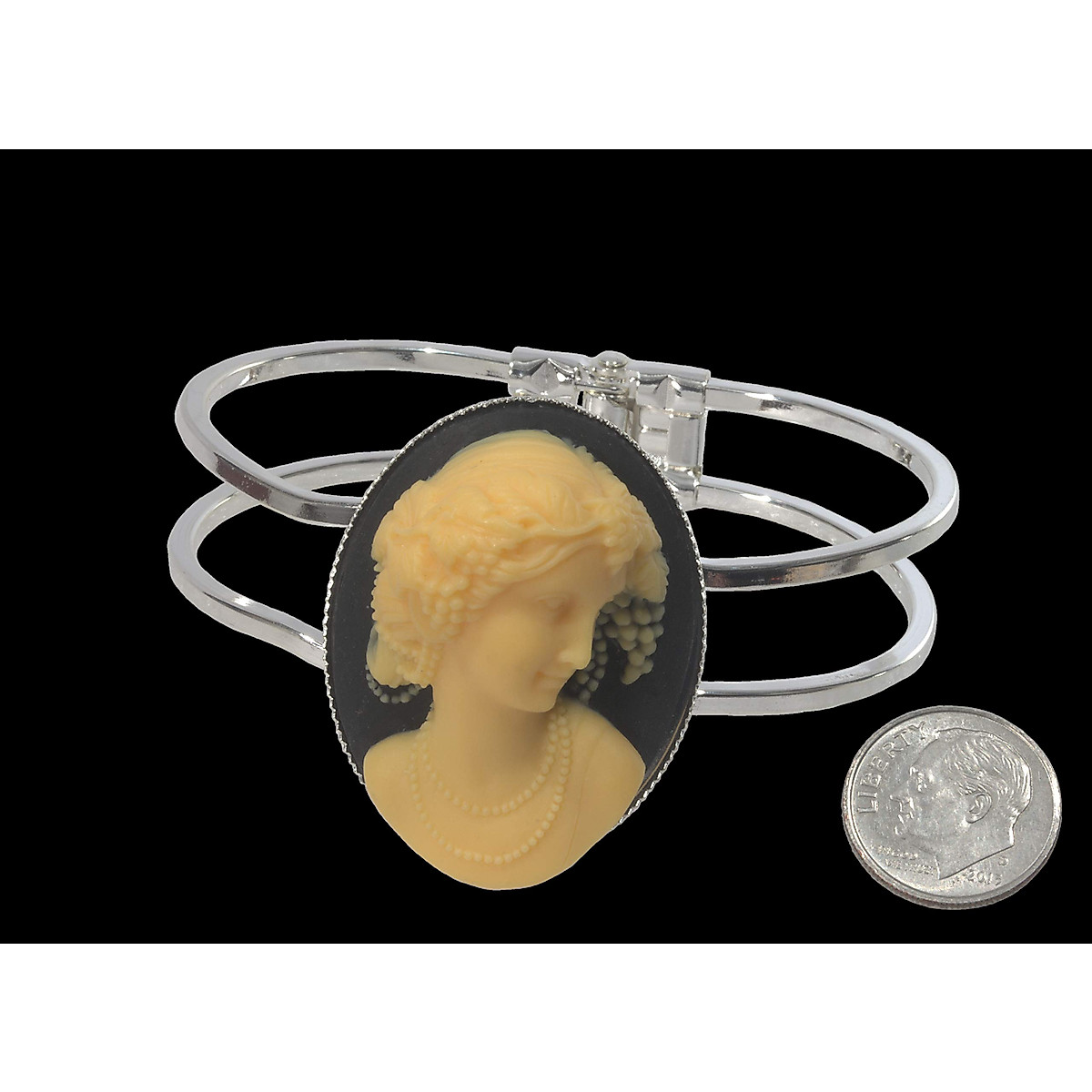 Hinged 3-D Victorian Acrylic Cameo Cabochon Silver Plated Bangle Bracelet + GIFT BAG