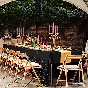 16Pack Disposable Plastic Tablecloths and Satin Table Runner Set Black Gold Dot Table Cloth Gold for Graduation Wedding Birthday Baby Shower Anniversary Holiday Party Decorations