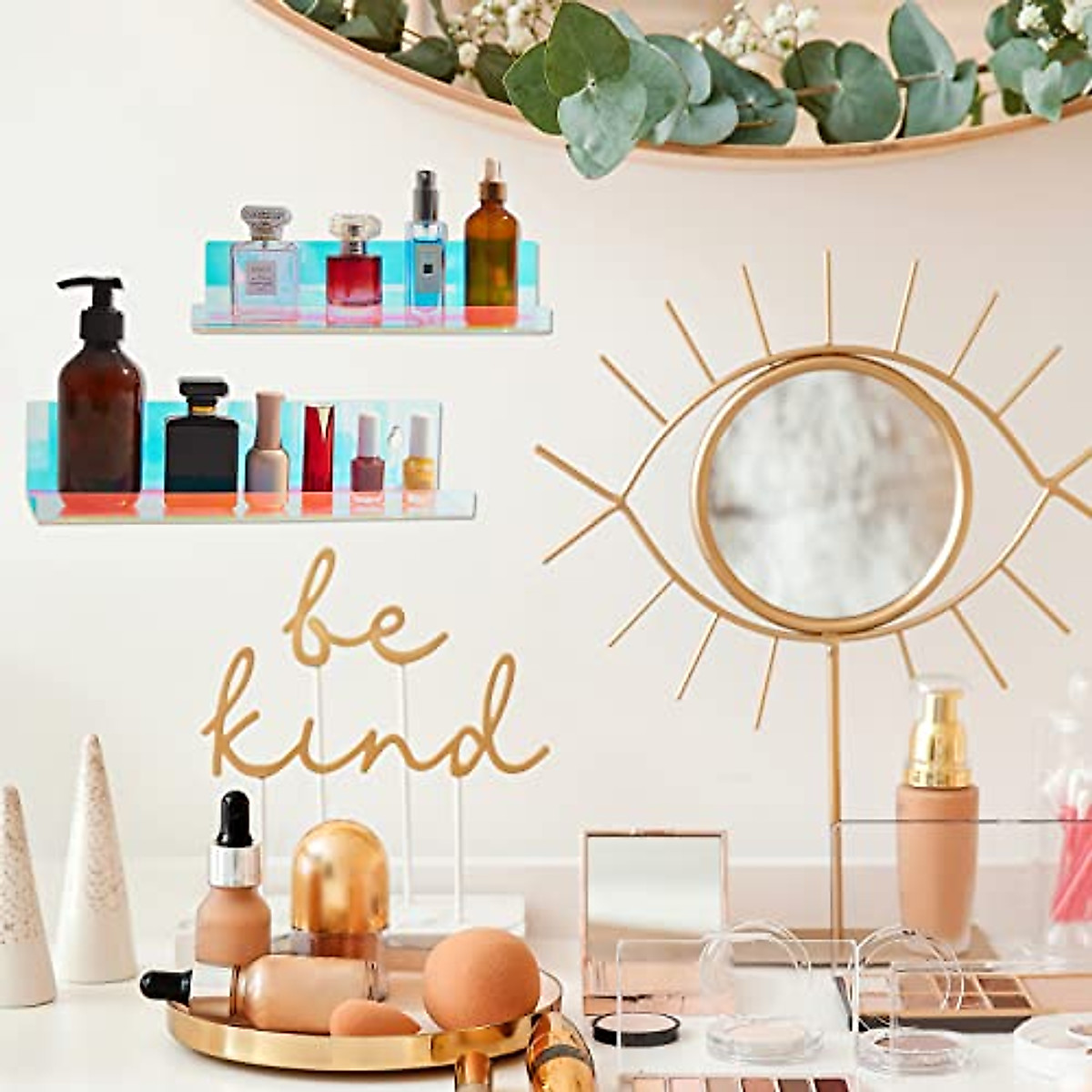 8 Pcs Rainbow Iridescent Acrylic Floating Shelves 4 Sizes Holographic Wall Mounted Kids Shelves Nail Polish Rack Acrylic Bathroom Shelf Rainbow Wall Shelf Book Display Shelves for Bedroom Living Room