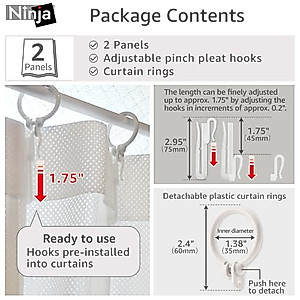 One-Way See Through Privacy Lace Curtains [Ninja], 194 Sizes, Made in Japan, Pinch Pleated 2 Panels Set, Hooks & Rings Included, Insulating, White Semi Sheer for Living Room/Bedroom, 49.2"W x 94.9"L