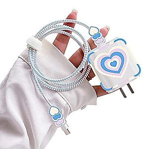 Lovely DIY Phone Cable Protectors Set for iPhone 13 12 11 Pro X Charger with Colorful Love Heart Design, Data Line Wire Bite Saver Lightning Cable Charger Protector Cover for iPhone-Grey,Blue,White