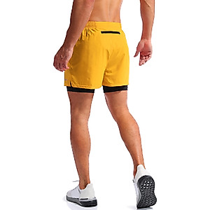 Pudolla Men’s 2 in 1 Running Shorts 5" Quick Dry Gym Athletic Workout Shorts for Men with Phone Pockets(Flame Orange Large)