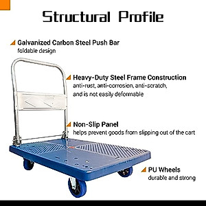 VAIDPRO Push Cart Dolly 660LBS, Moving Flatbed Cart Folding Platform Truck Swivel Push Heavy Duty Hand Flat Cart for Loading, Groceries, Garage, Warehouse