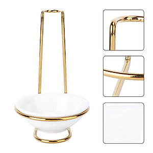 Zerodeko 1 Set Standing Spoon Rest, Upright White Ceramic Single Ladle Cooking Utensil Holder, Vertical Drip Catcher Dish with Stainless Steel Stand for Kitchen Counter