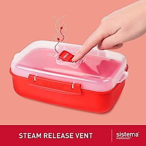 Sistema Microwave Rice Cooker and Steamer Bowl for Vegetables with Steam Release Vent, Dishwasher Safe, Red & Microwave Food Storage Containers with Steam Release Vent, Dishwasher Safe, Red