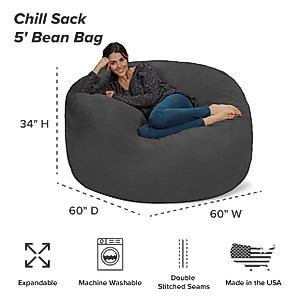 Chill Sack Bean Bag Chair: Giant Memory Foam Furniture Bags and Large Lounger, Big Sofa with Huge Water Resistant Soft Micro Suede Cover, Charcoal, 5-feet (AMZ-5SK-MS03)