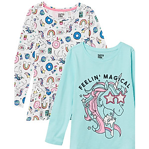 Amazon Essentials Toddler Girls' Long-Sleeve Tunic T-Shirts (Previously Spotted Zebra), Pack of 2, White Doodles/Unicorn, 2T