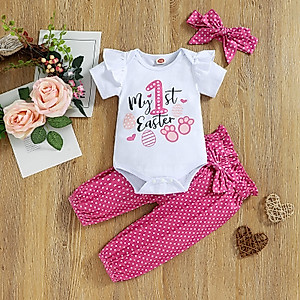 Dimoybabe My First Easter Baby Girl Outfit Infant Clothes Summer Romper Long Pants Headband 3pcs Set 0-3 Months Pink