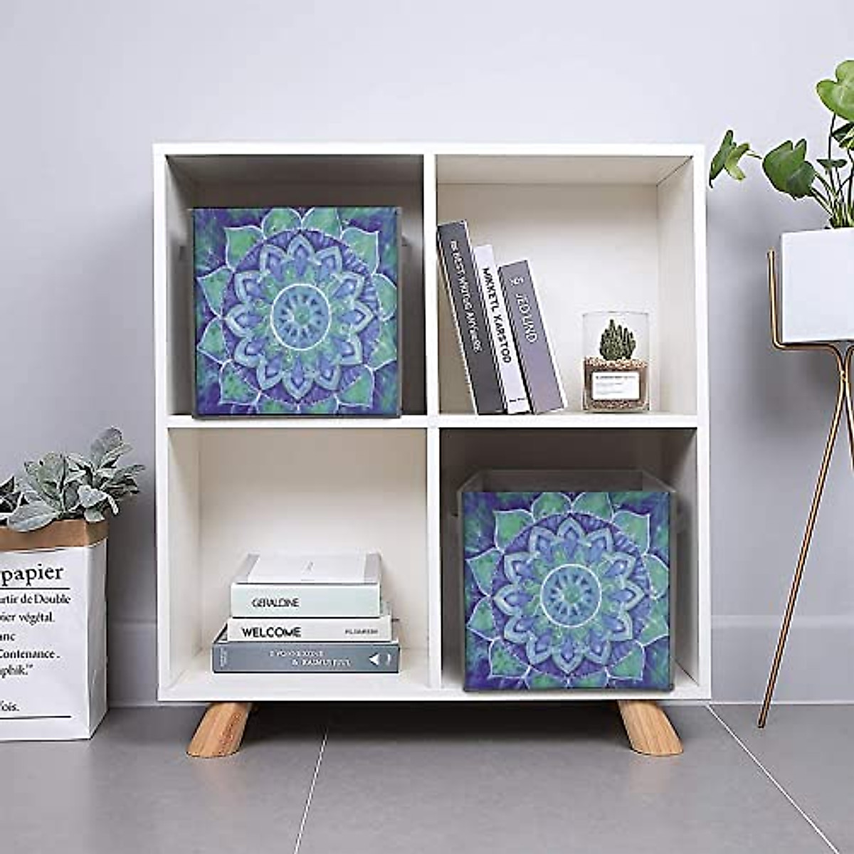 Watercolor Ethnic Flower Foldable Storage Bins Printd Fabric Cube Baskets Boxes with Handles for Clothes Toys, 11x11x11