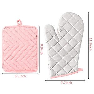 GROBRO7 6Pcs Cotton Oven Mitts and Pot Holders Set Heat Resistant Hot Pads Durable Pocket Pot Holder Machine Washable BBQ Gloves with Hanging Loop for Safe Kitchen Baking Cooking Grilling Pink