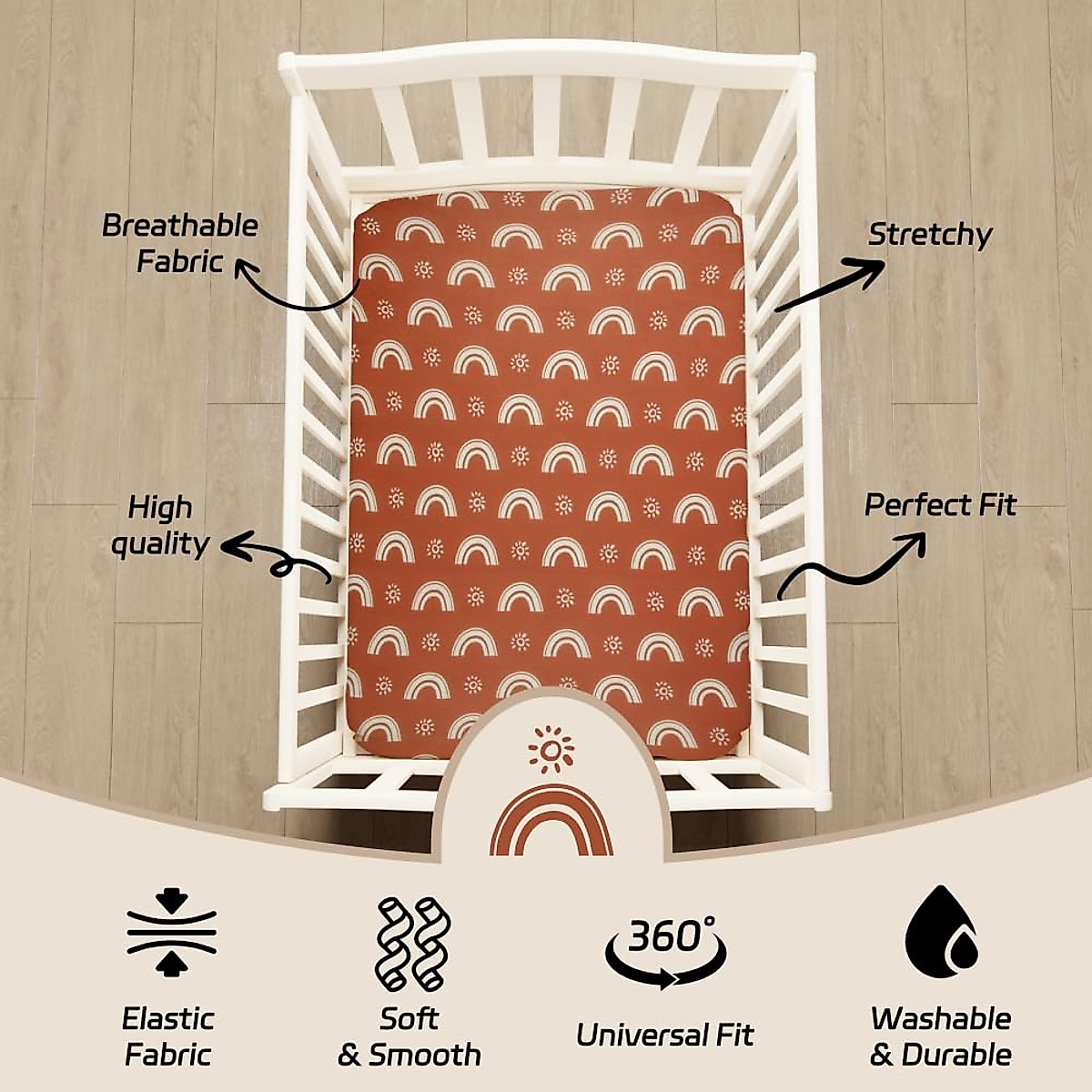 4 Pack N Play Sheets Mini Crib Sheets Boho Nursery Sheets Sunshine and Rainbow Desdign Neutral Unisex Fitted Baby N Play Sheets Mini Crib Sheets for Baby Boys or Girls (N Play Sheets)