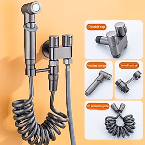 Bathroom Fresh Wall Mounted Faucet Spray Set, Langgi Toilet Companion, 1-in-2-Out Dual Control Valve, Handheld Bidet Sprayer for Toilet, Hand Held Bidet Sprayer for Toilet (Silver*2)