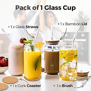 Scoozee Glass Cups with Lids and Straws (Set of 4, 16 oz) - Glass Tumbler with Straw and Lid, Can Shaped Drinking Glasses, Iced Coffee Cup, Beer Glasses - Aesthetic Cute Coffee Bar Gift
