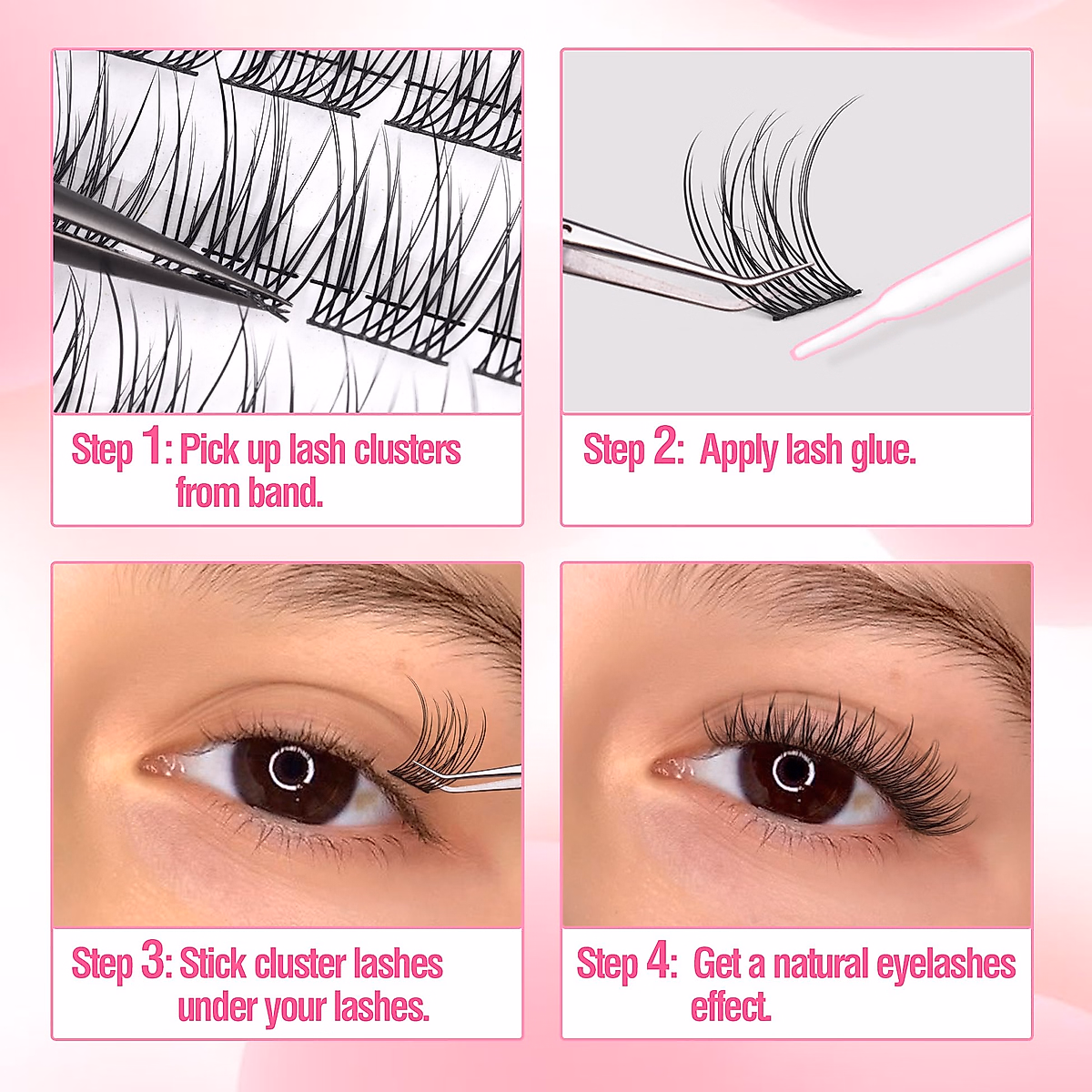 Natural Cluster Lashes Wispy CC Curl 9-11MM Mixed Lengths Eyelash Extension Individual 96 Pcs DIY Lash Extension at Home
