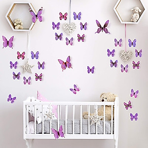 48 PCS Removable 3D Butterfly Wall Stickers Decals DIY Wall Art Decor Home Wall Decoration Sticker Mural for Kids Girls Children Bedroom Living Room Background Nursery (Purple)