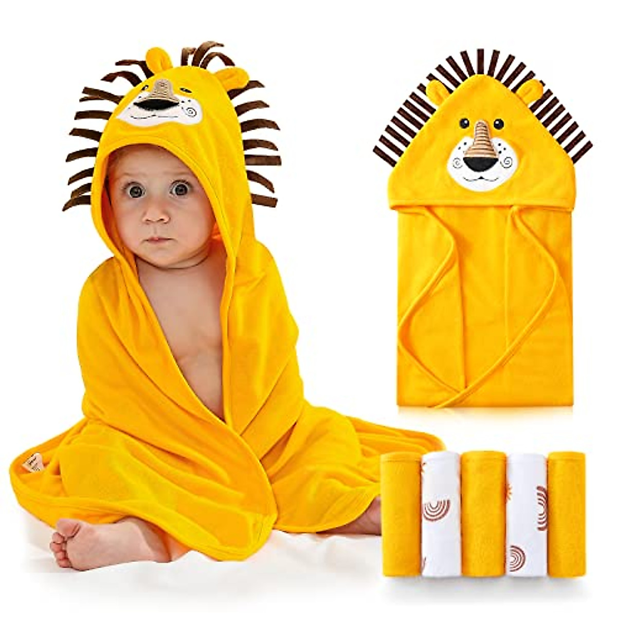 SYNPOS Baby Towels Hooded, Hooded Baby Towel with 5 Washcloths, Ultra Absorbent, Perfect Newborn Essential Cute Lion Design - 30 x 30 Inch