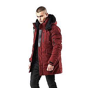 WEEN CHARM Men's Warm Parka Jacket Anorak Jacket Red Winter Coat with Detachable Hood Faux-Fur Trim