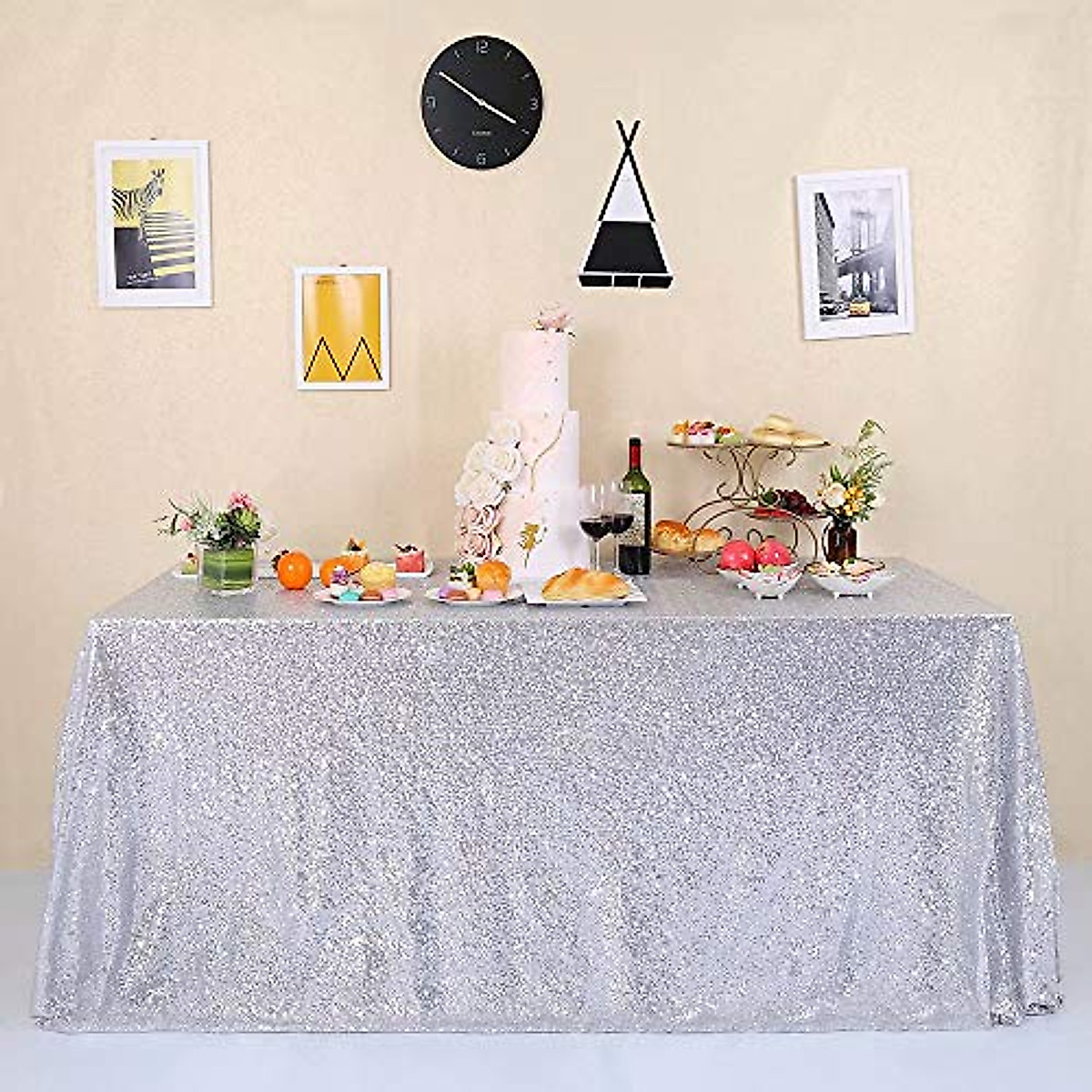 GFCC Glitter Silver Sequin Tablecloth for Party Wedding Banquet 60x120 inch Sparkly Rectangle Table Cloth Cake Table Cover Linen