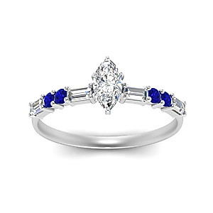 JewelryGift Vintage Classic Engagement Ring 925 Sterling Silver Created Blue Sapphire Marquise shape Blue color Side Stone Engagement Rings prong Setting in Size 8 Casual Wear for Gift