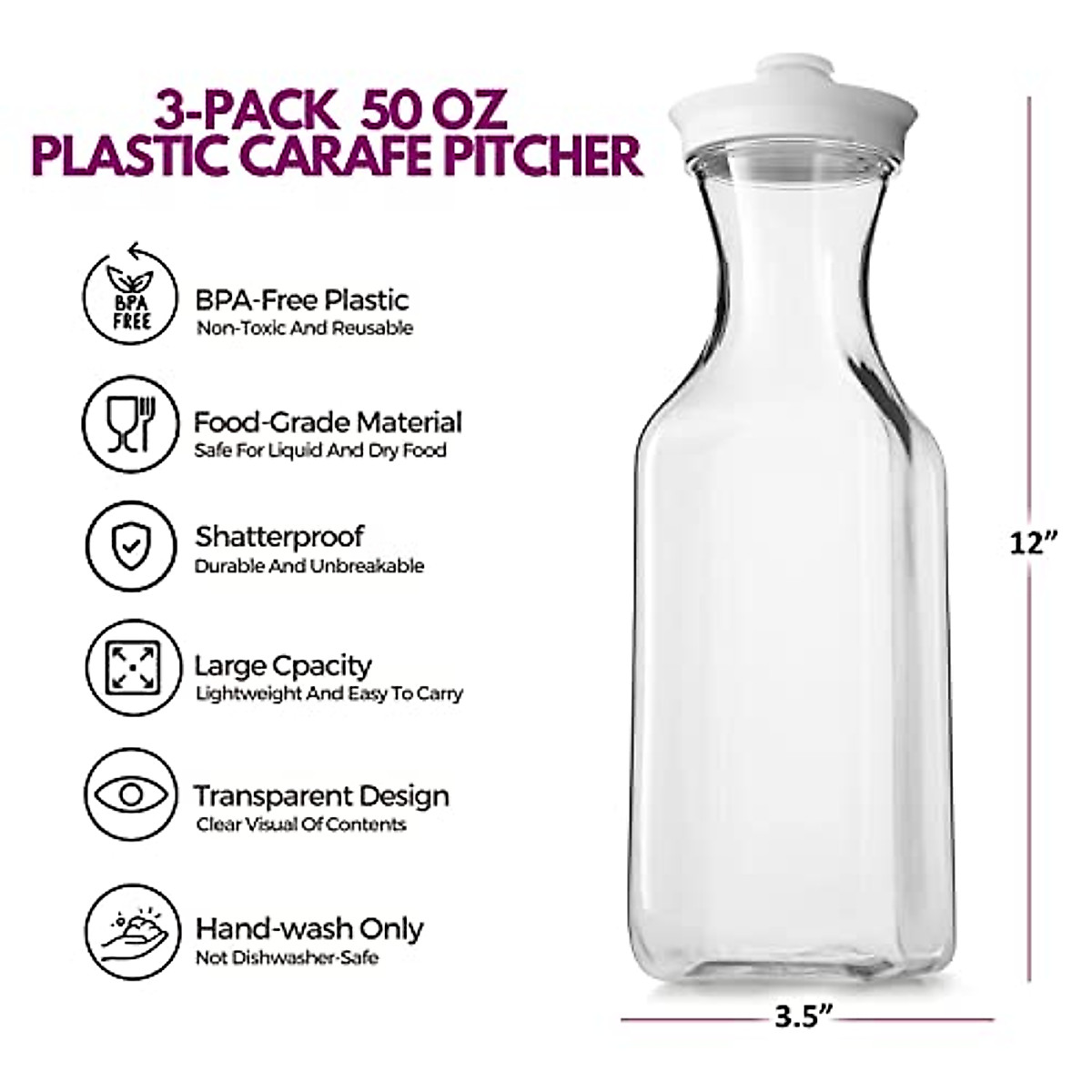 DilaBee Plastic Water Pitcher With Lid (50 Oz) Square Carafe Pitchers for Drinks, Milk, Smoothie, Iced Tea, Mimosa Bar Supplies - Juice Containers with Lids for Fridge - Food Grade BPA-Free (3-Pack)