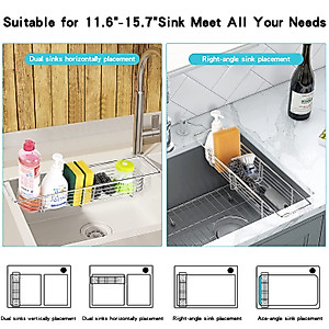 Retractable sink drain rack, 304stainless steel expandable sink storage rack, adjustable sink rack, kitchen sponge drying rack, sink tray, soap rack, breathable drainage (adjustable length 14in-18in)