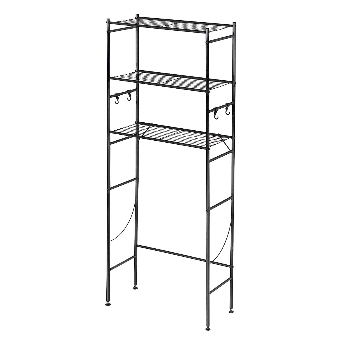 KIMZDA 3-Tier Over The Toilet Storage Rack Bathroom Space Saver Metal Towel Organizer, with 4-Hooks and Adjustable Feet, Black