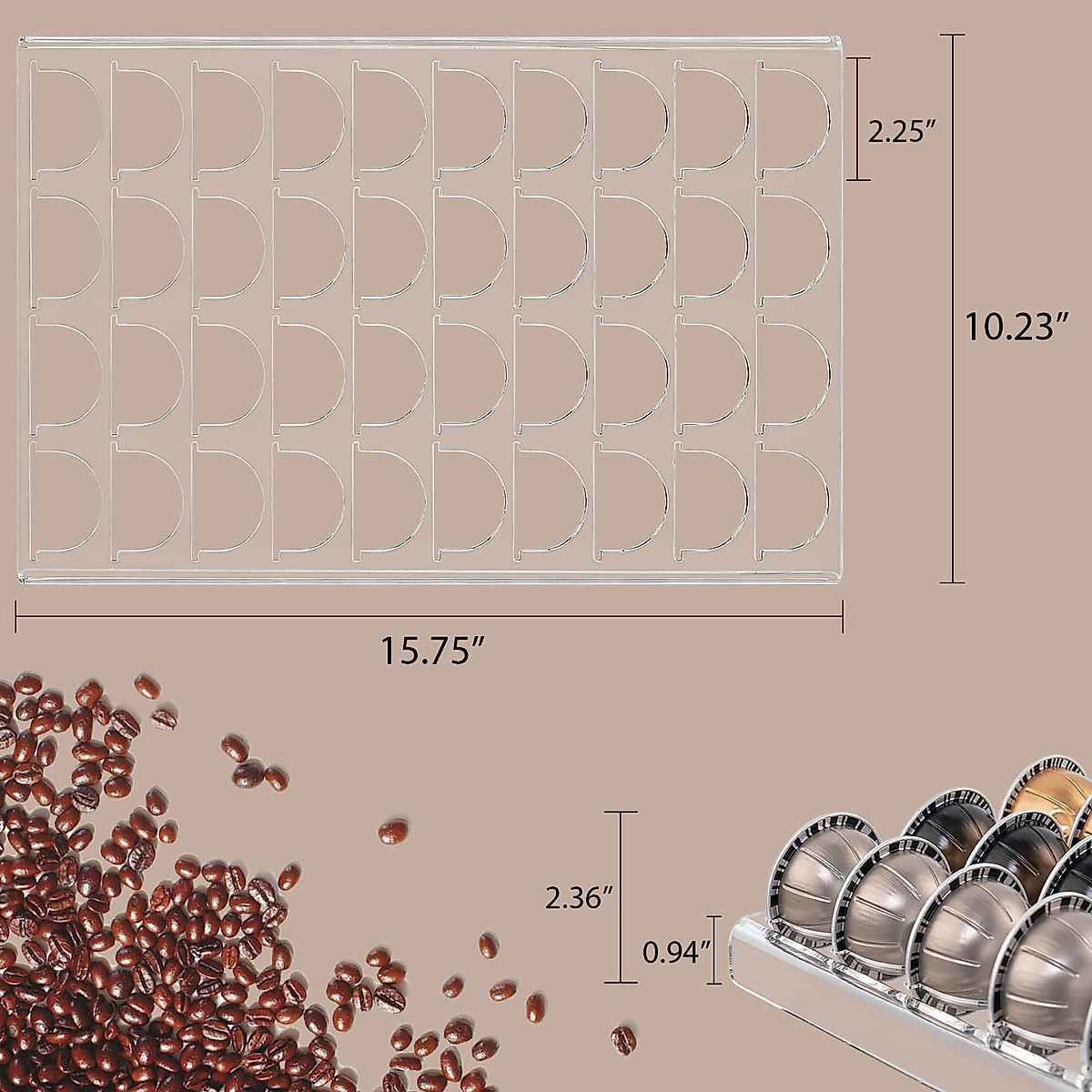Sumerflos Coffee Pod Holder Storage Tray 15.75" L x 10.23" H for Vertuoline Capsule, Drawer Insert Organizer Holds 40 Pods Drawer of Kitchen, Home, Office - Clear