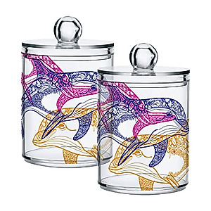 WELLDAY Apothecary Jars Bathroom Storage Organizer with Lid - 14 oz Qtip Holder Storage Canister, Three Bottlenose Dolphins Mandala Clear Plastic Jar for Cotton Swab, Cotton Ball, Floss Picks, Makeup