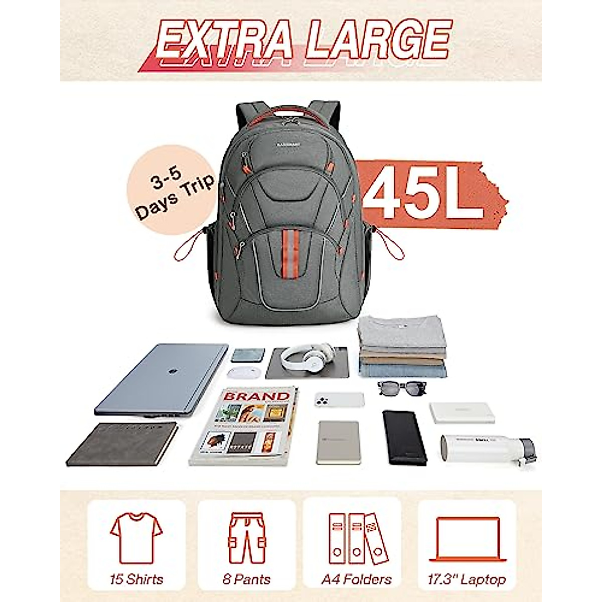 BAGSMART Large Travel Backpack for Women Men,Laptop Backpack Flight Approved Carry On Computer Bag Fits 17 Inch Laptop,Water Resistant Outdoor Backpack for Hiking Business,Grey