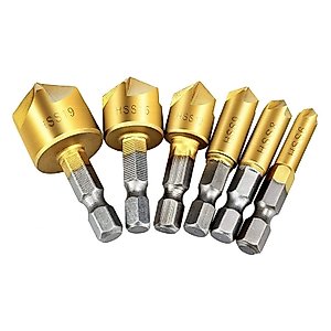 Countersink Drill Bit Set, Aplus HSS Countersink Drill Bit Set Hex Shank HSS Counterbore Reamer Countersink Chamfer Countersink Bit Set 6Pcs 5 Flute 90 ° Meter for Wood 1/4'' 6mm-19 mm