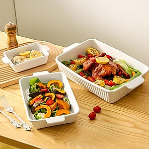 Hasense Rectangular Casserole Dishes for Oven, Ceramic Baking Dish, Baking Pans Set of 3, Lasagna Pan with Handle, Microwave & Dishwasher Safe, Wedding Mother's Day Gift, White(15"/12.2''/8.3'')