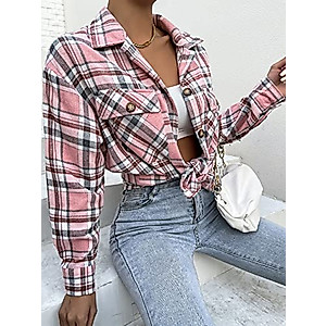 OYOANGLE Women's Plaid Long Sleeve Button Front Drop Shoulder Tunic Blouse Flannel Shirts Pink White L