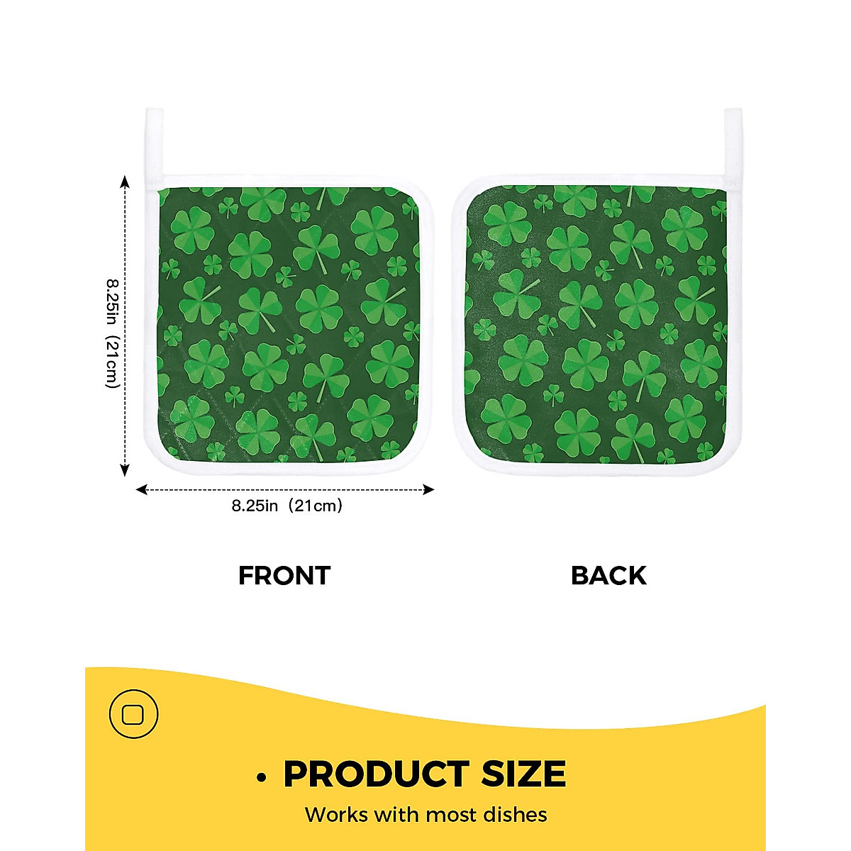 2 Pack Pot Holders for Kitchen,St. Patrick's Day Green Shamrock Heat Proof Potholder Hot Pads Trivet,Four Leaf Clover Black Back Seamless Washable Coaster Potholders for Cooking Baking Grilling