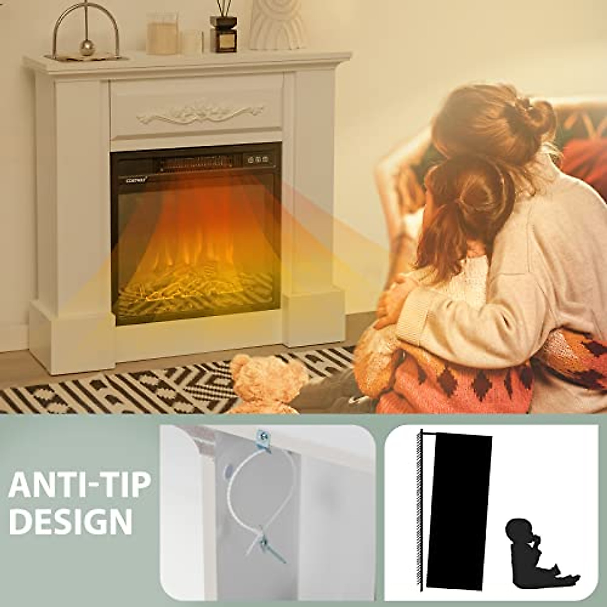 COSTWAY 32 Inch Electric Fireplace with Mantel, 1400W Freestanding Fireplace Heater w/Remote Control & Adjustable 3D Flame Effect, Indoor Fireplace Mantel for Living Room, Bedroom (White)