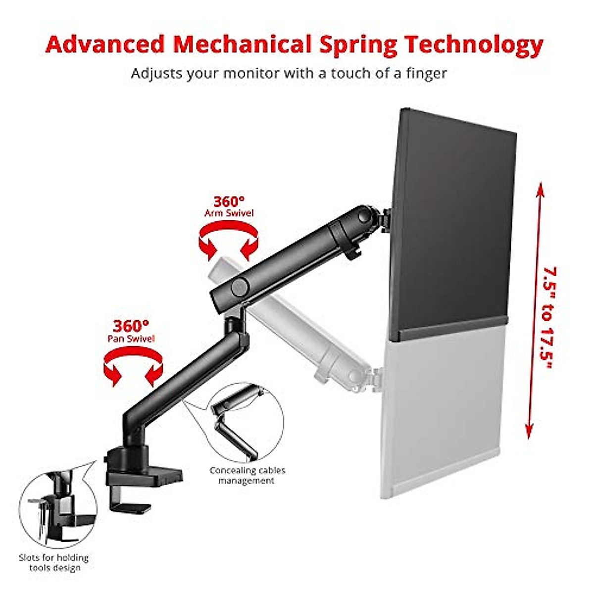 SIIG Aluminum Mechanical Single Monitor Arm Mount - Height Adjustable Desk Mount for 17in to 32in Screens - 17.6lbs Max VESA 75x75mm 100x100mm, Black