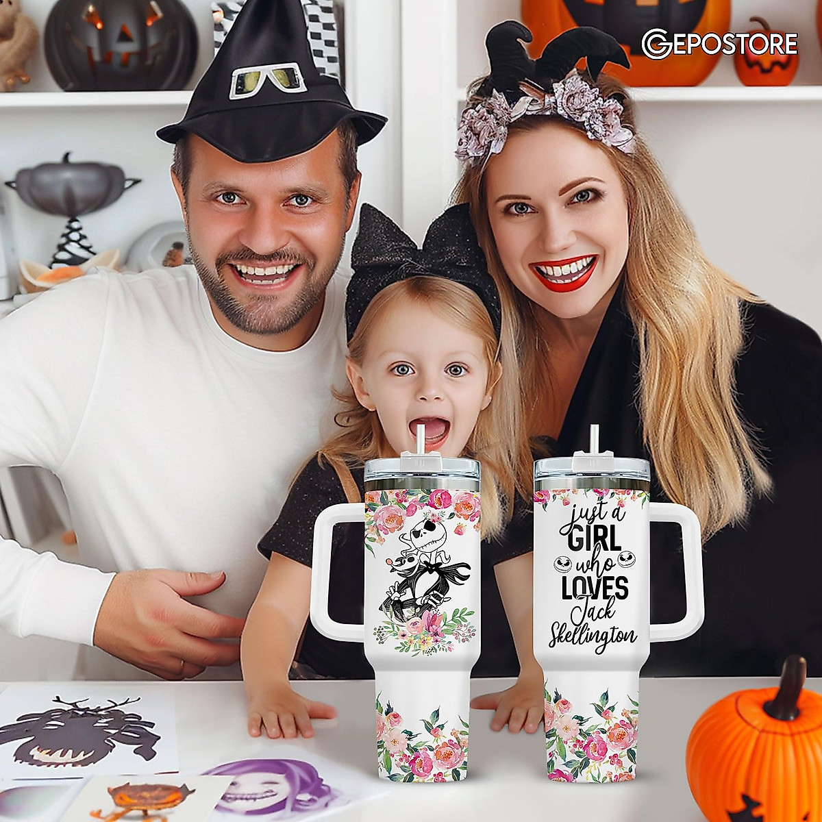 Christmas Gifts for Movie Lovers, Just a Girl who Loves Jack Skeleton 40 oz Tumbler with Handle and Straw, Nightmare Before Movie Cup, Movie Character Mug, Gifts for Men Women on Christmas, Halloween