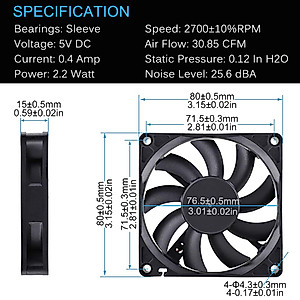 GDSTIME USB Connector 80mm x 80mm x 15mm DC 5V Power 3 Inch Brushless Cooling Fan