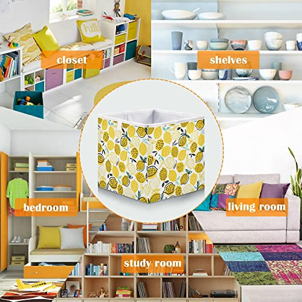 Kigai Summer Yellow Lemon Cube Storage Bin 11x11x11 in, Large Organizer Collapsible Storage Basket for Shelves, Closet, Storage Room