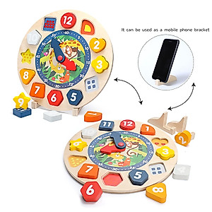 Dorjee Shape Sorter Teaching Clock, Learning Time Clock for Kids , Montessori Toys with 12pcs Removable Number Blocks, Display Holder Included