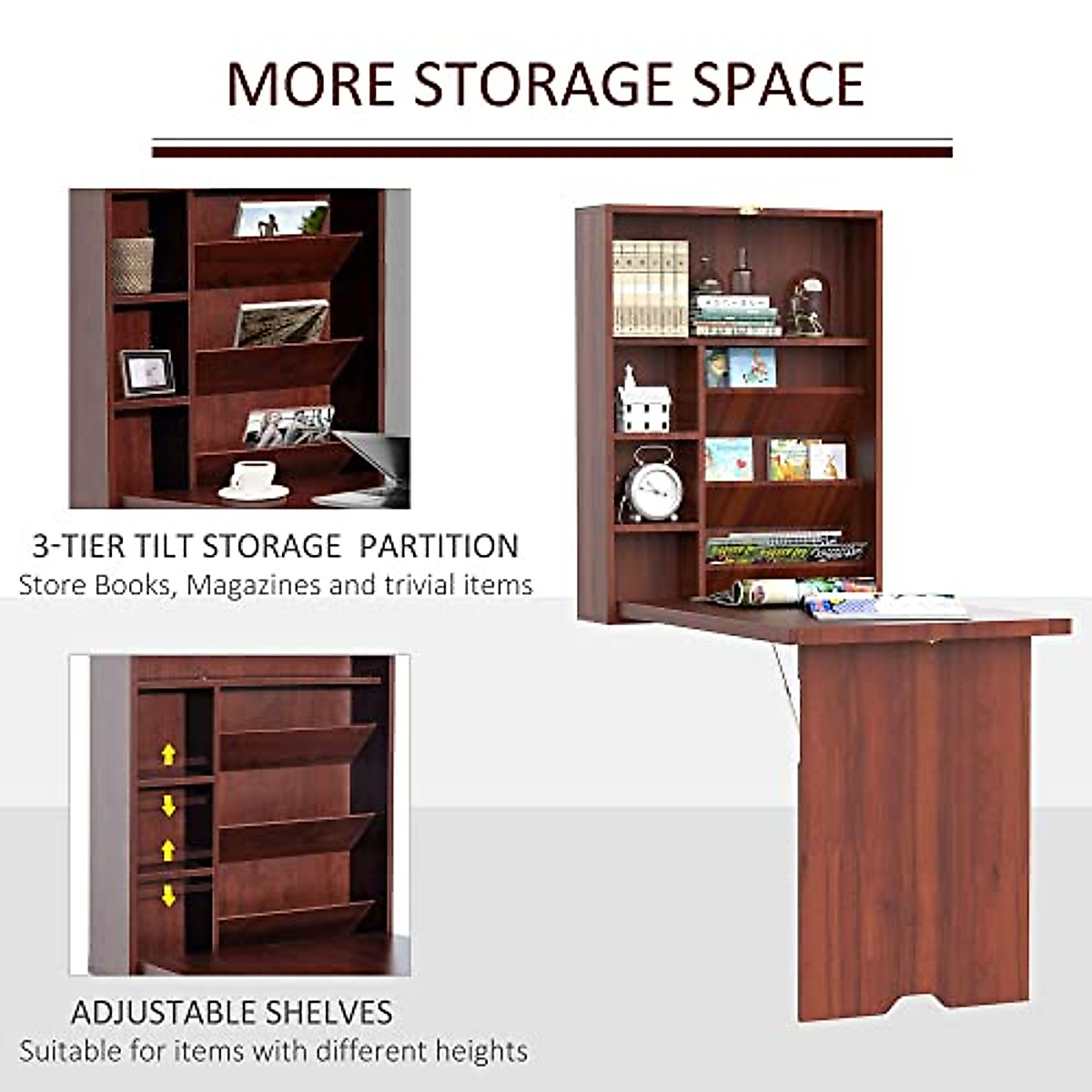HOMCOM Compact Fold Out Wall Mounted Convertible Desk with Storage, Mahogany